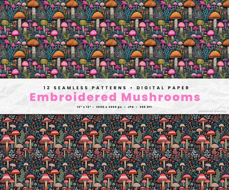 Embroidered Mushrooms Seamless Patterns Instant Download Digital Paper ...