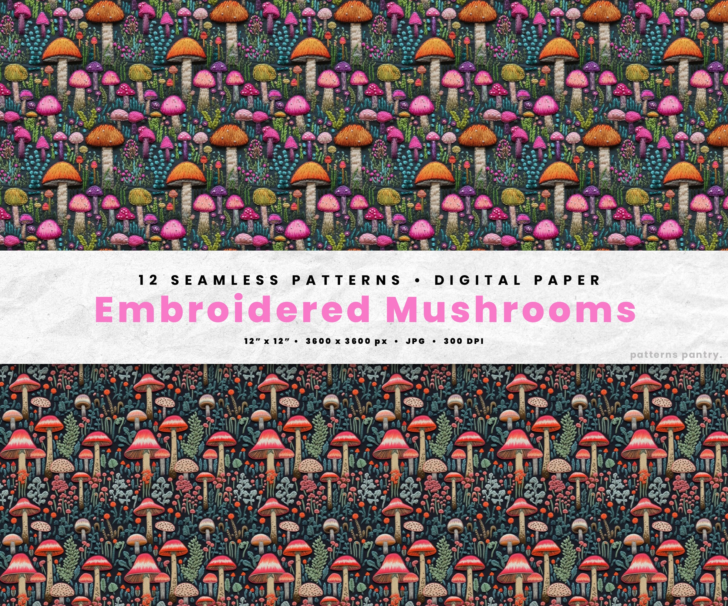 Embroidered Mushrooms Seamless Patterns Instant Download Digital Paper ...