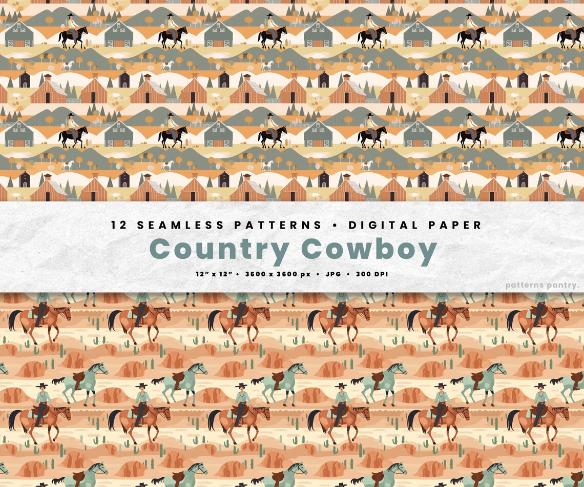 Country Cowboy Seamless Patterns, Instant Download, Digital Paper ...