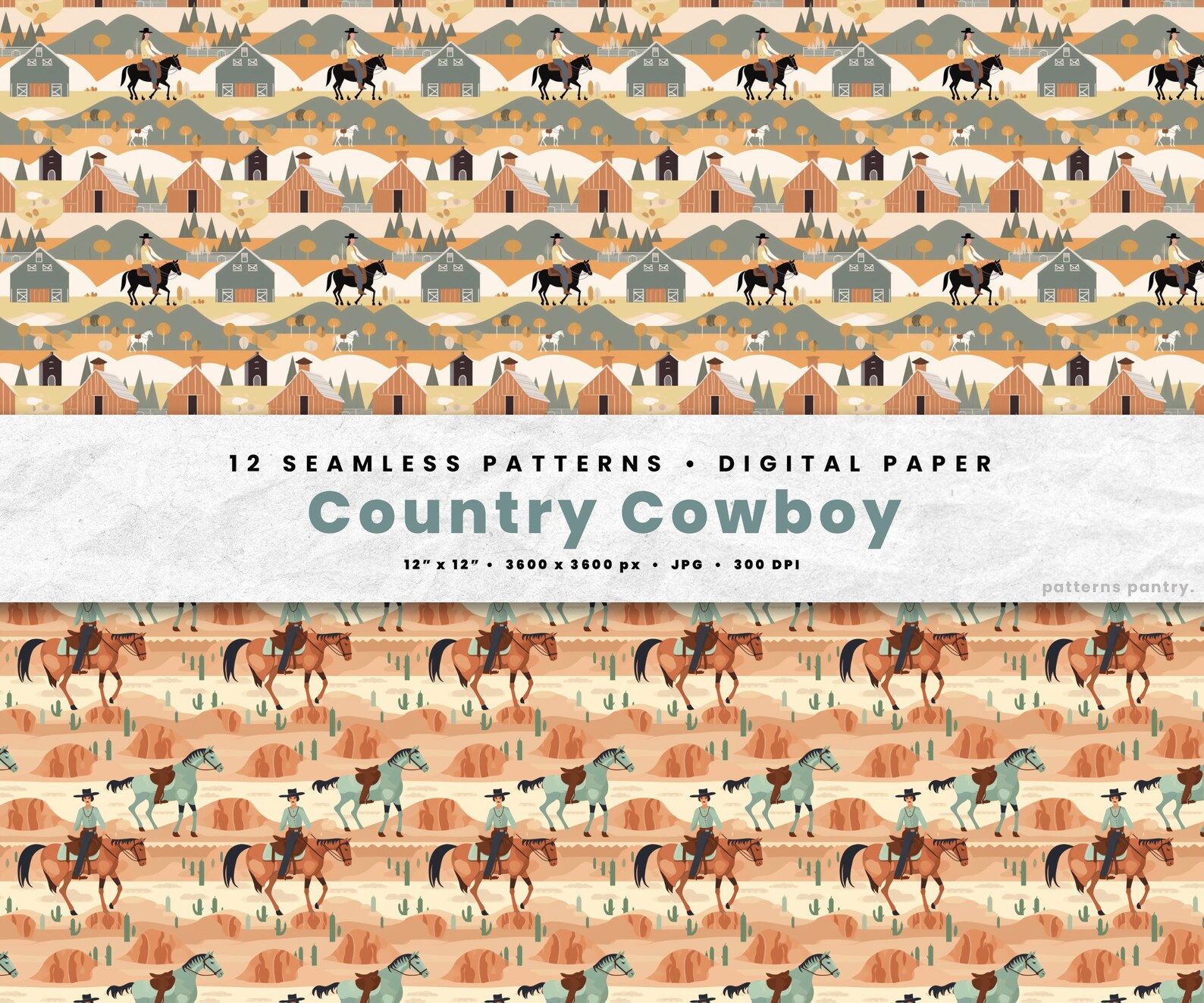 Country Cowboy Seamless Patterns, Instant Download, Digital Paper ...