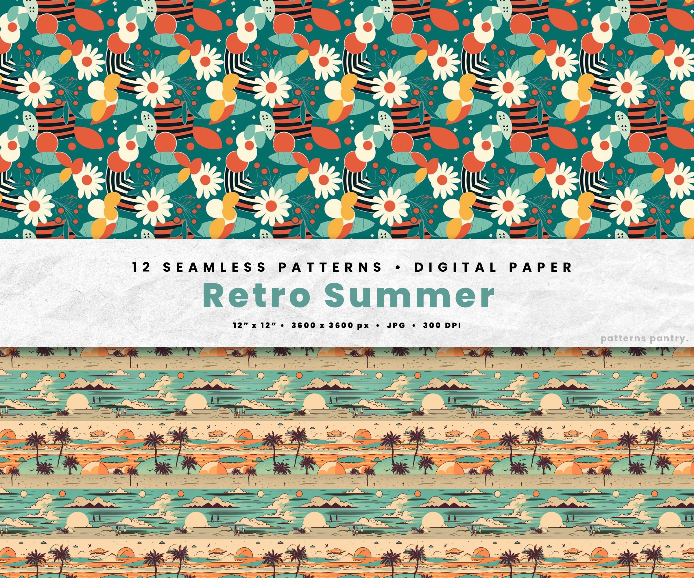 Retro Summer Seamless Patterns, Instant Download, Vintage Digital Paper ...