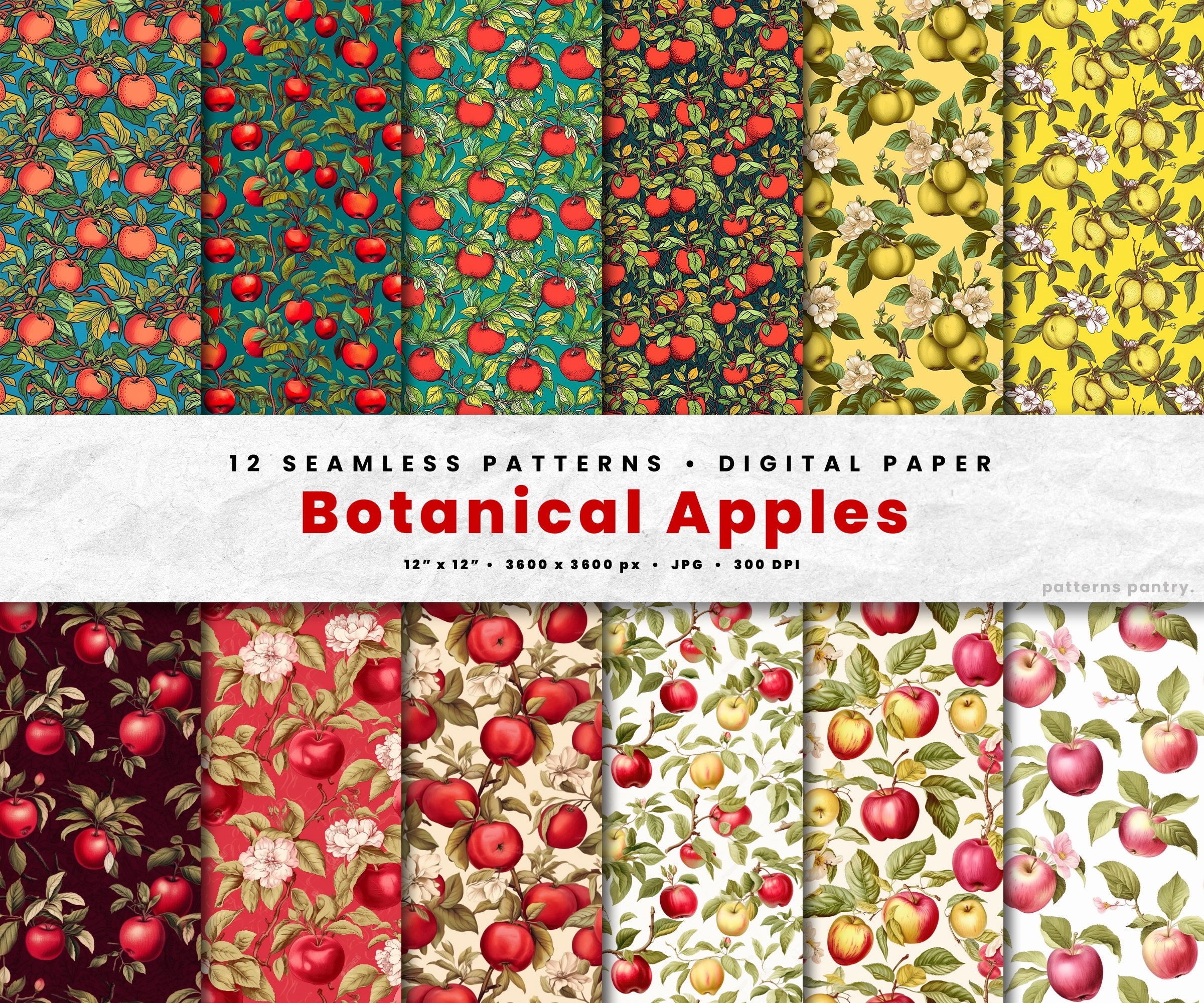 Botanical Apples Digital Paper, Seamless Patterns, Instant Download ...