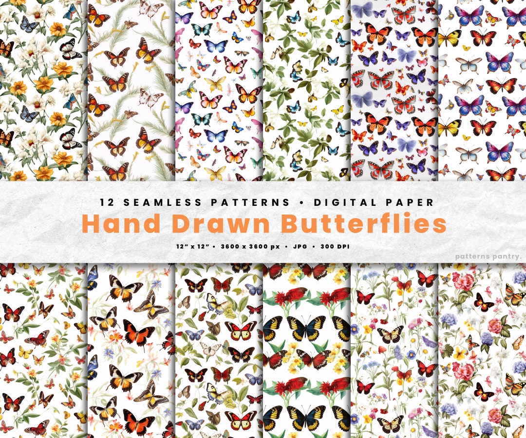 Hand Drawn Butterflies Seamless Patterns, Instant Download, Digital ...