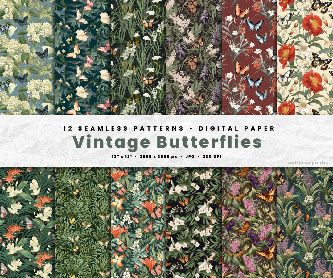 Vintage Butterflies Seamless Patterns, Instant Download, Butterfly ...