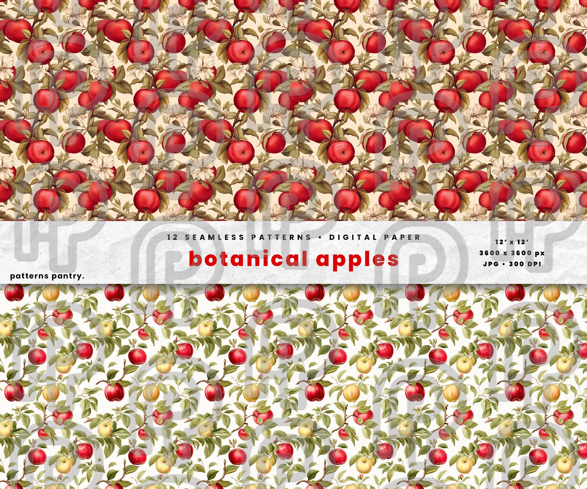 Botanical Apples Digital Paper, Seamless Patterns, Instant Download ...