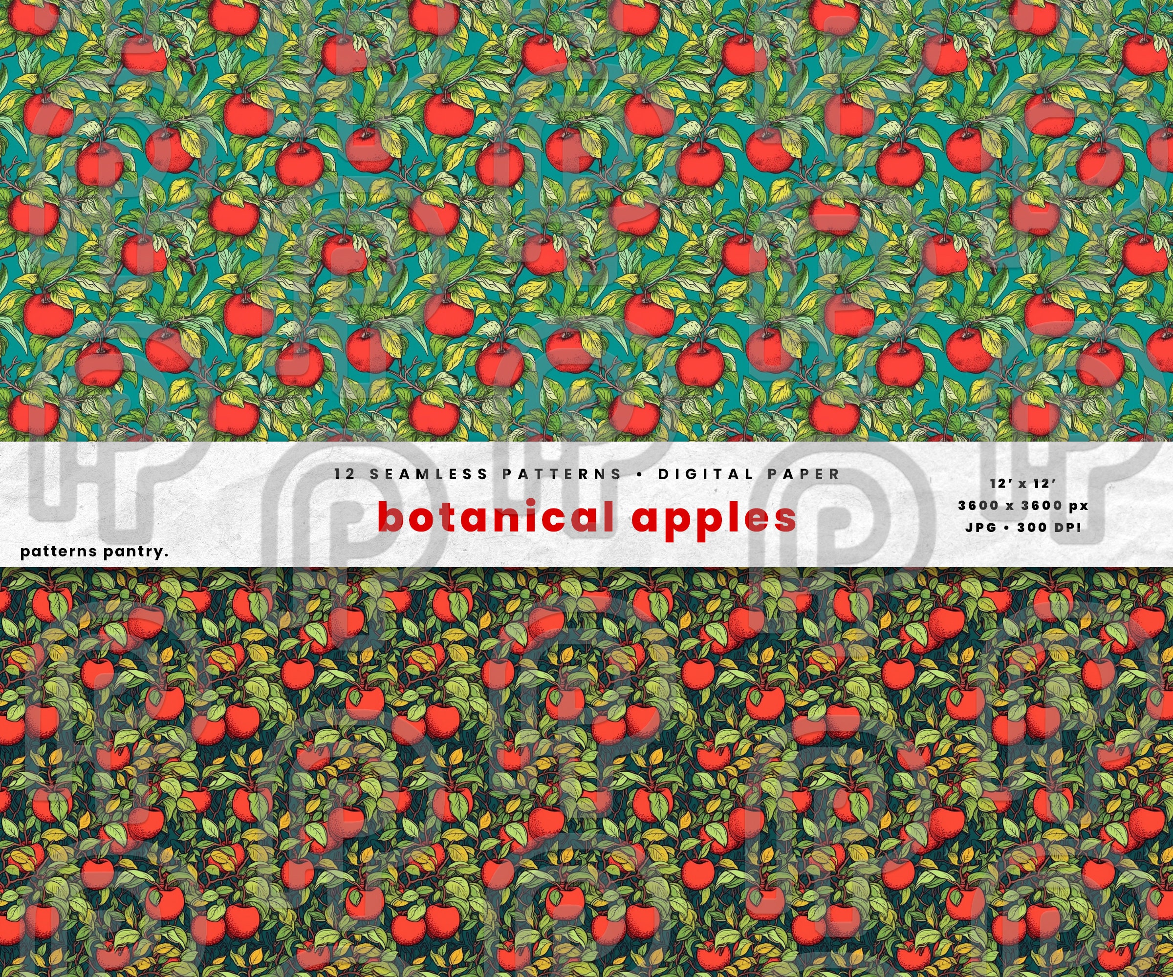 Botanical Apples Digital Paper, Seamless Patterns, Instant Download ...