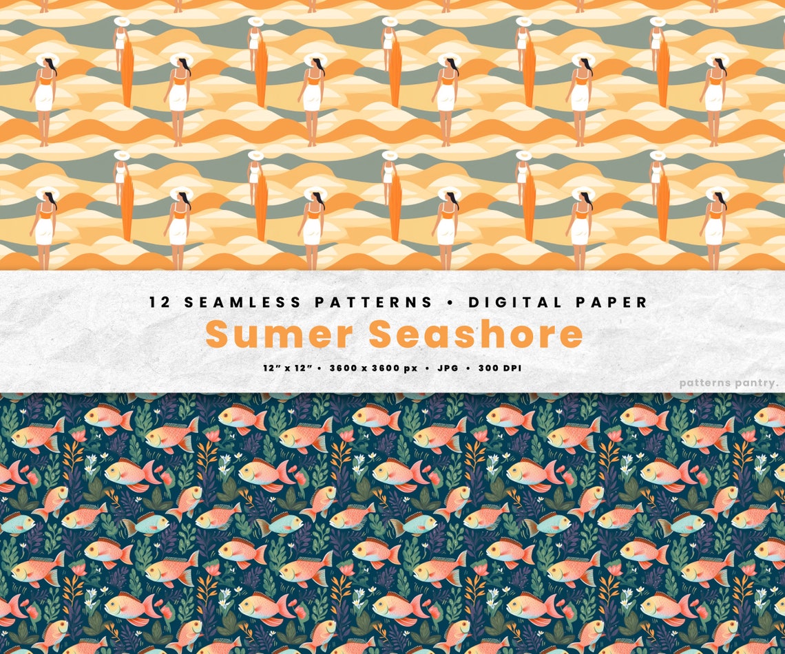 Summer Seashore Digital Paper, Nautical Seamless Patterns, Instant ...