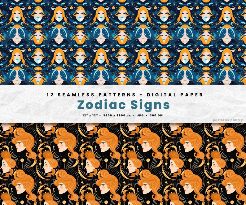 Zodiac Signs Seamless Patterns, Instant Download, Digital Paper, Astro ...