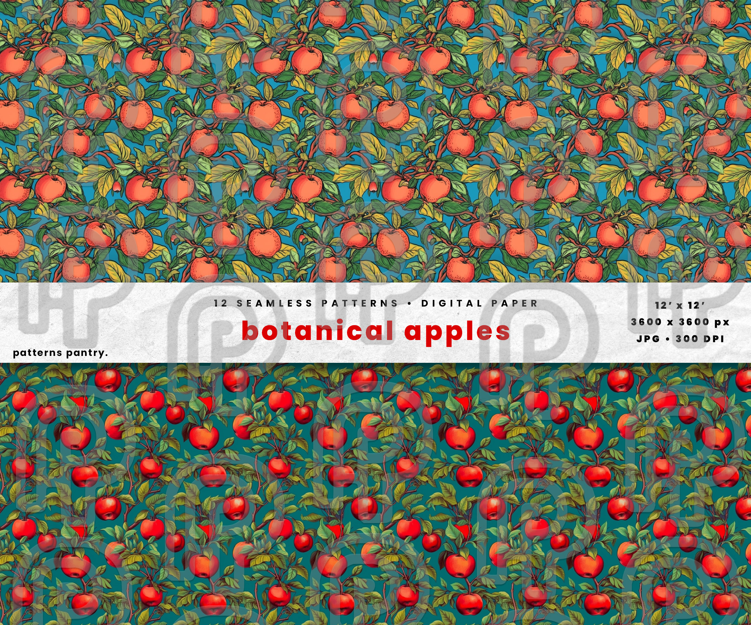 Botanical Apples Digital Paper, Seamless Patterns, Instant Download ...