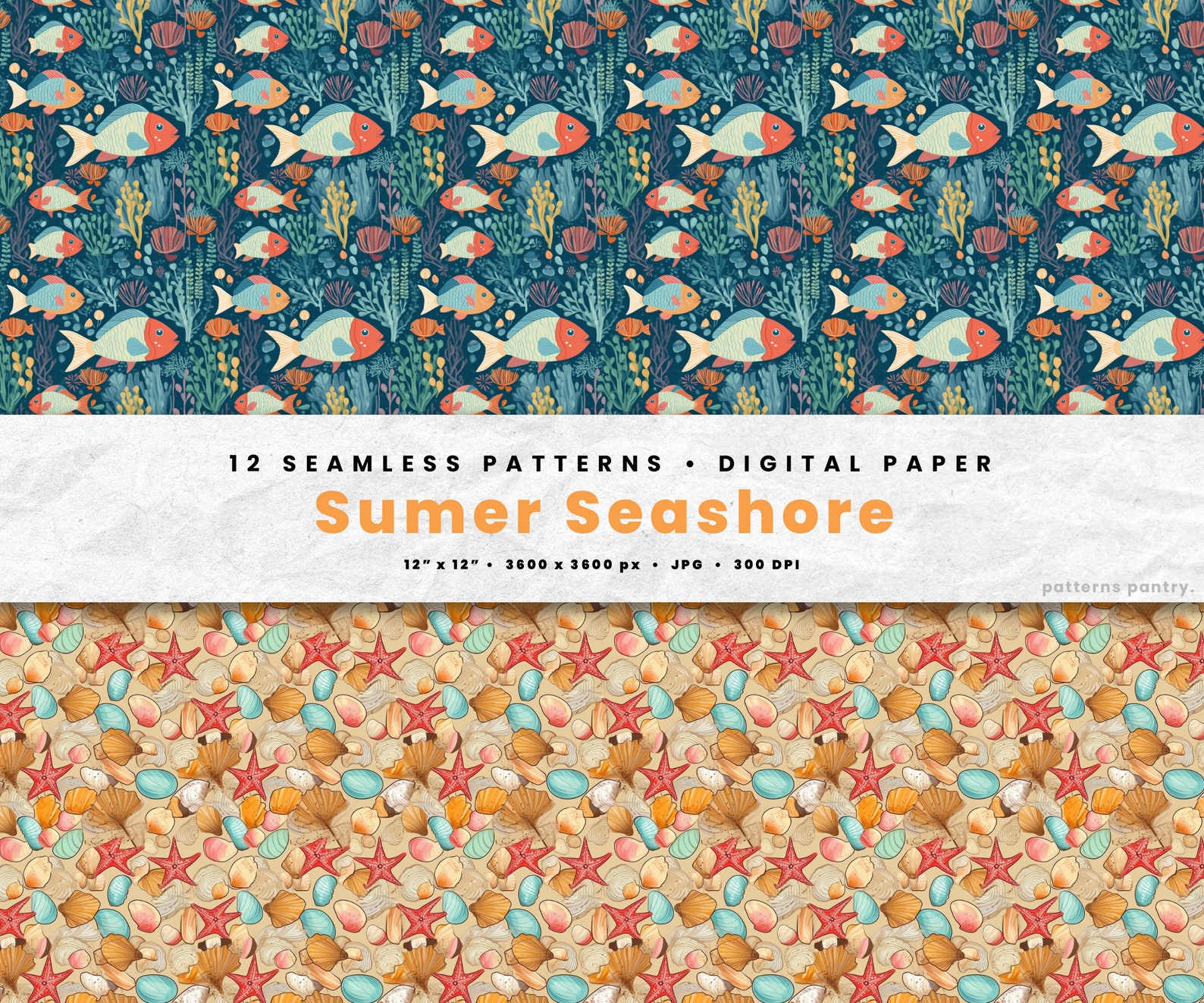 Summer Seashore Digital Paper, Nautical Seamless Patterns, Instant ...