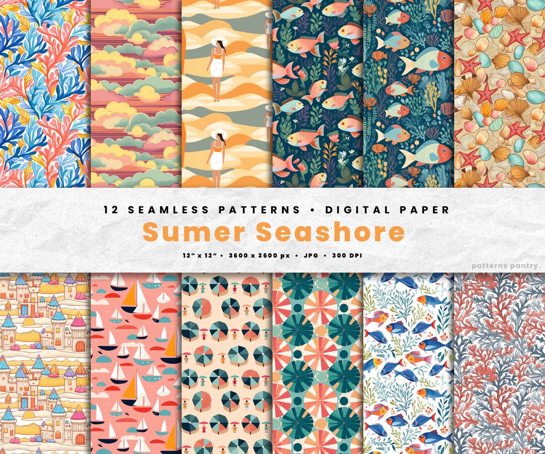 Summer Seashore Digital Paper, Nautical Seamless Patterns, Instant ...