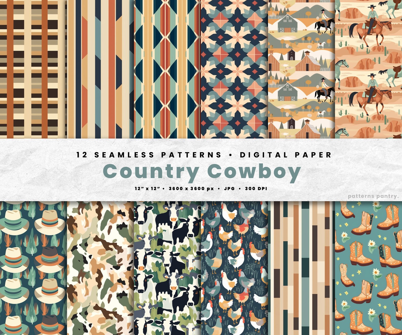 Country Cowboy Seamless Patterns, Instant Download, Digital Paper ...