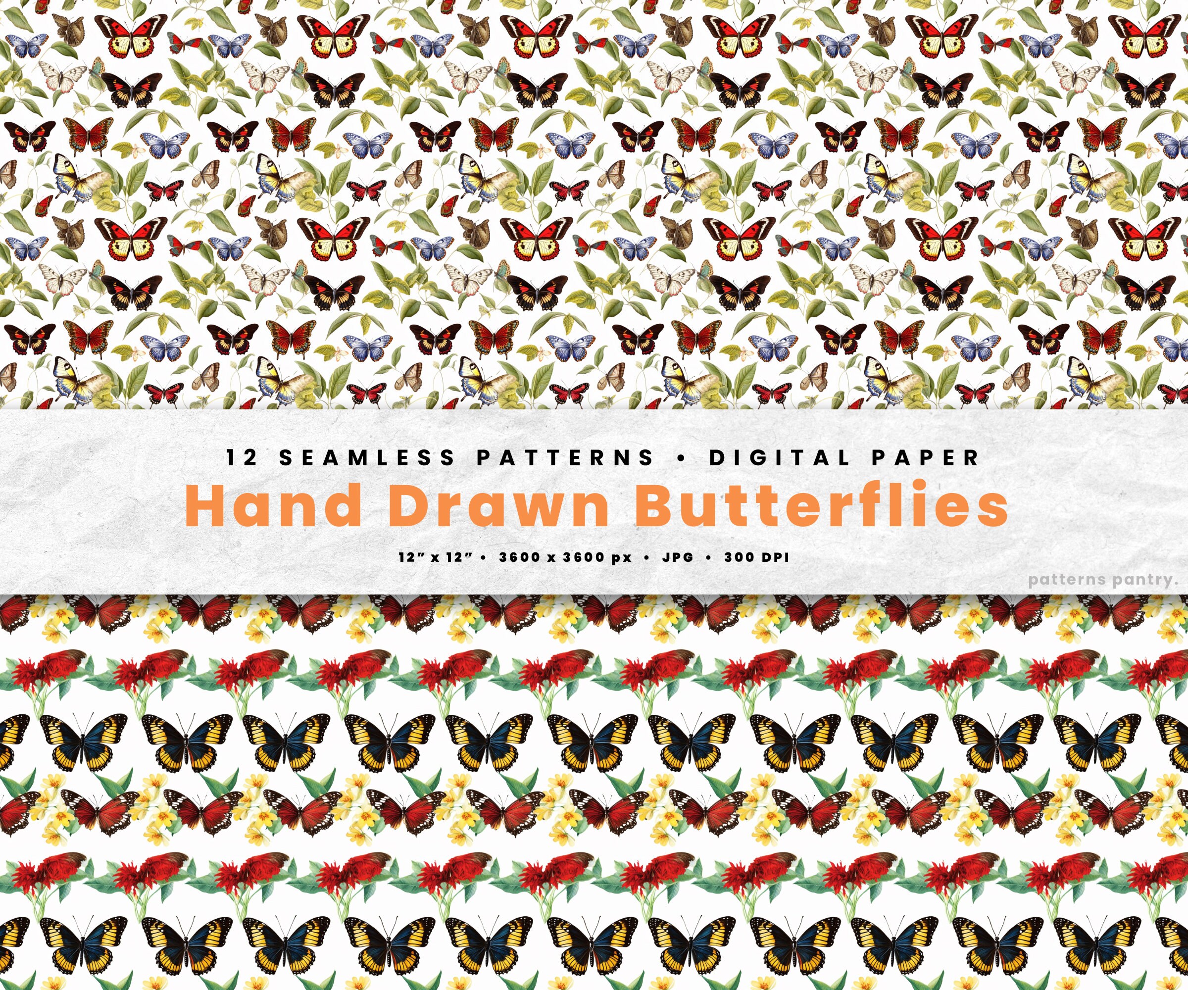 Hand Drawn Butterflies Seamless Patterns, Instant Download, Digital ...