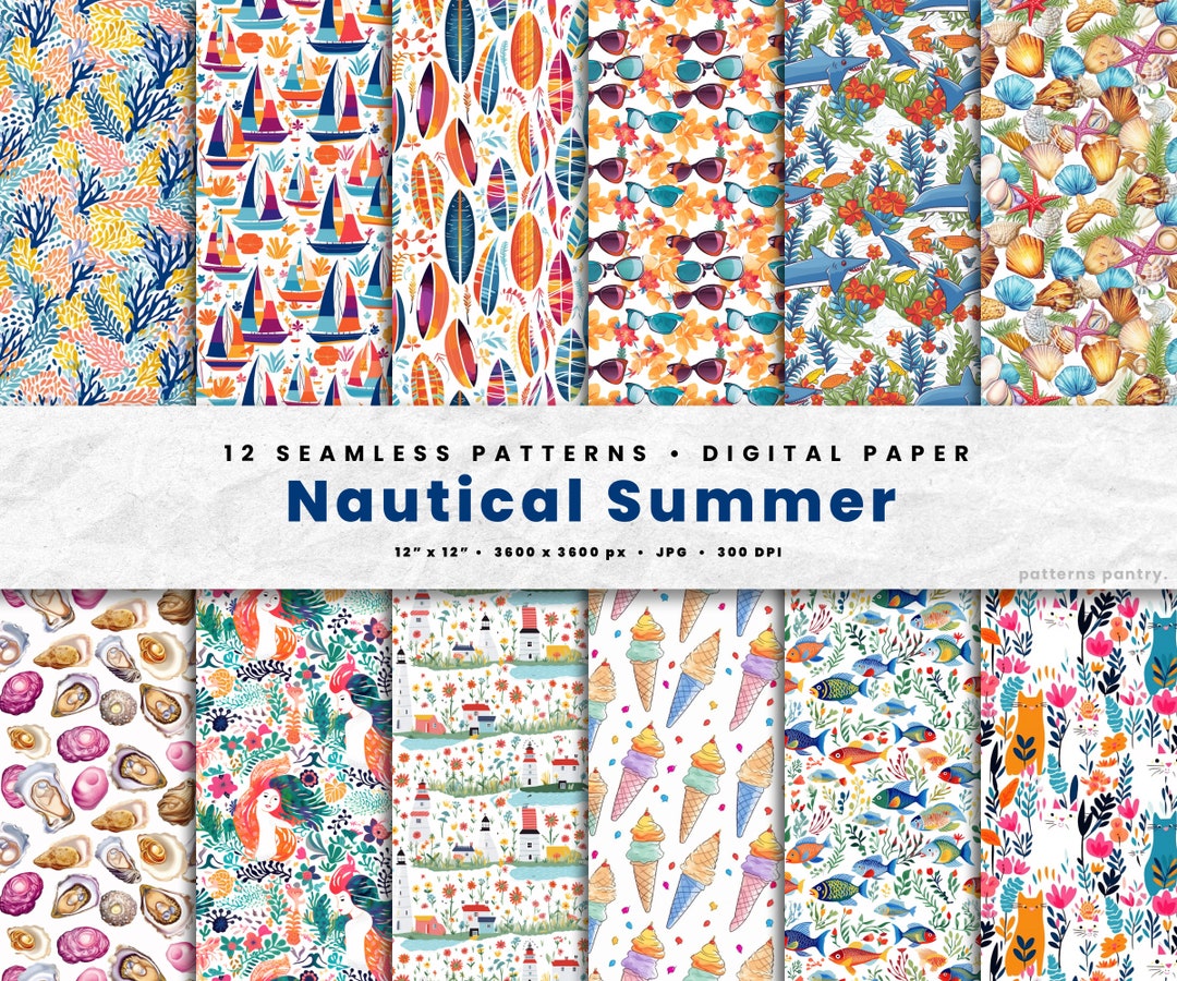Nautical Summer Digital Paper, Beach Seamless Patterns, Instant ...