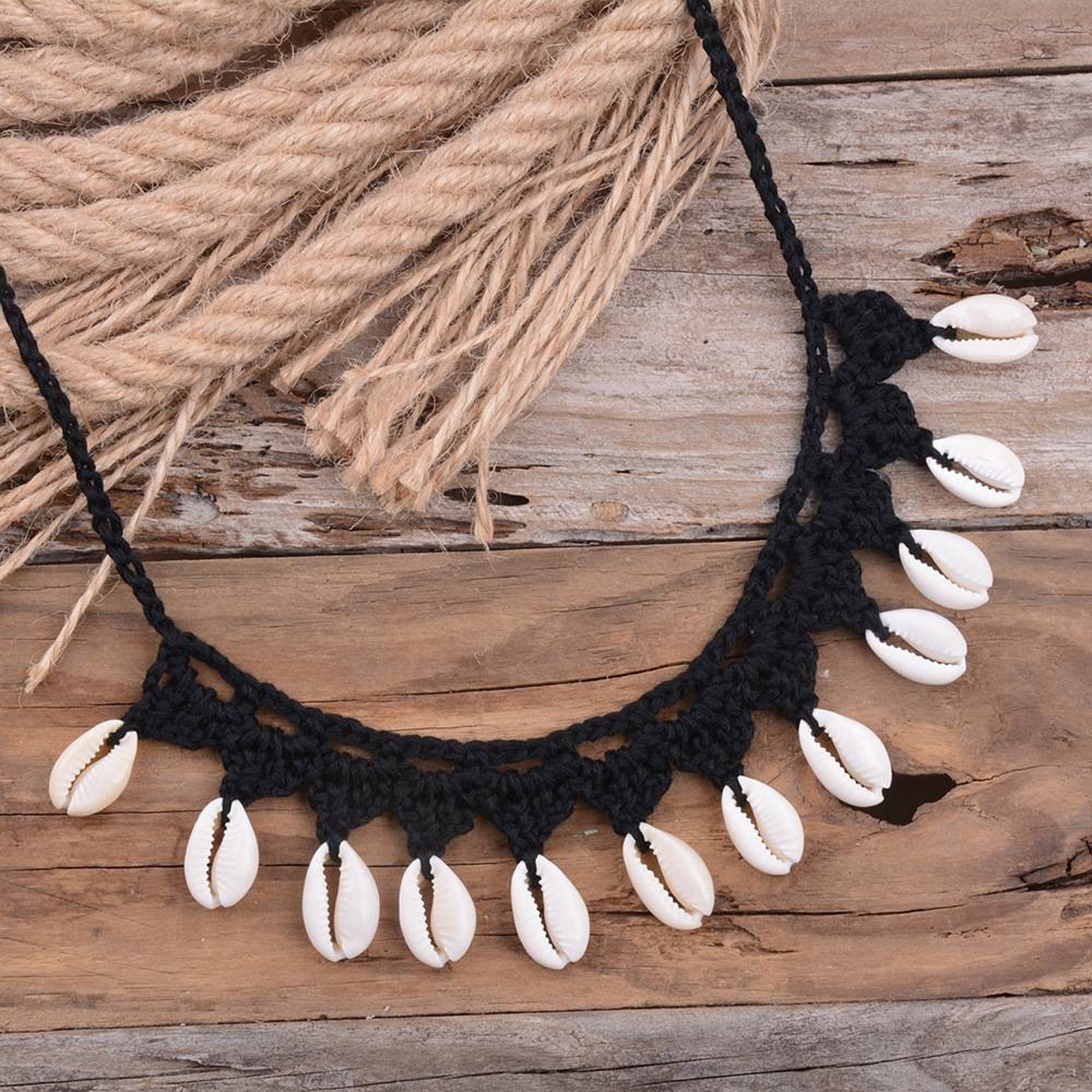 Handmade Crochet Knitted Sea Shell Choker Necklace Cowrie Beads Beach ...