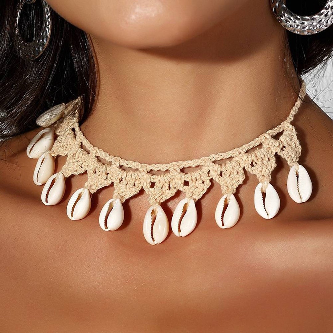 Handmade Crochet Knitted Sea Shell Choker Necklace Cowrie Beads Beach ...