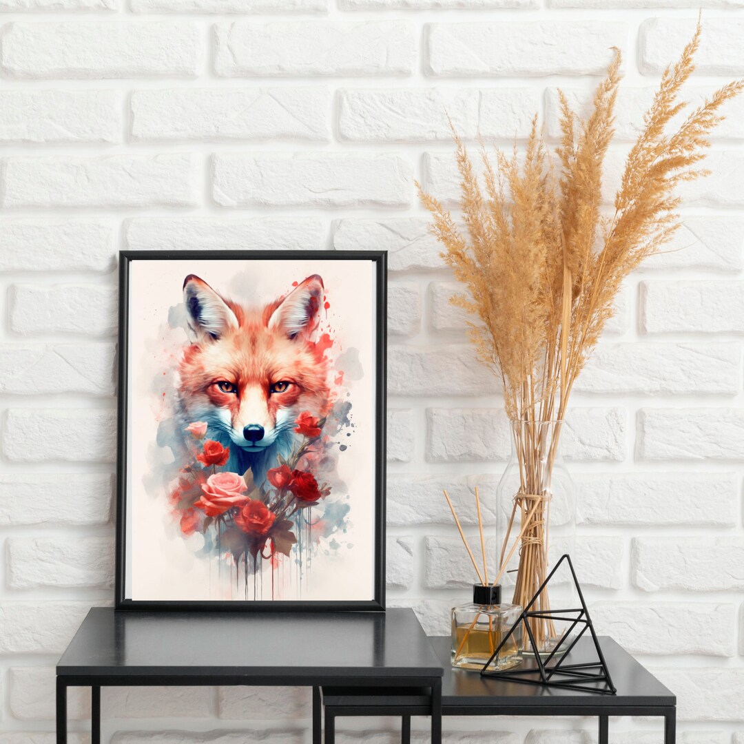 Printable Art Fox With Roses, Exclusive Art Watercolor Portrait ...