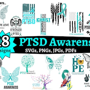 Teal & Black PTSD Awareness SVG, Bundle of 18, Veteran Mental Health ...