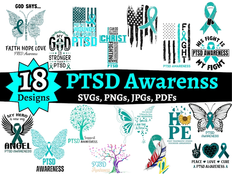 Teal & Black PTSD Awareness SVG, Bundle of 18, Veteran Mental Health ...