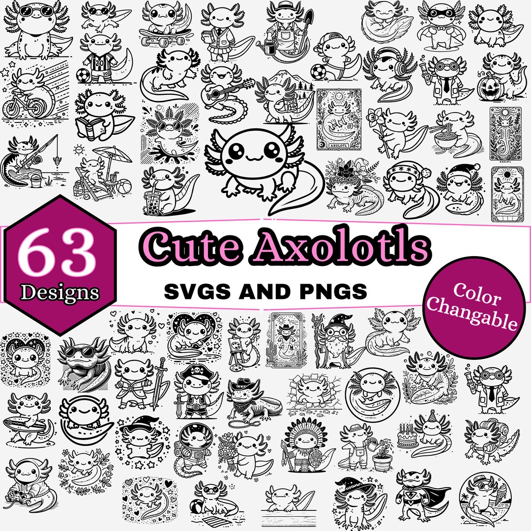 63 Cute Axolotl SVG Bundle | Kawaii Axolotl Clipart | Cartoon Axolotl ...
