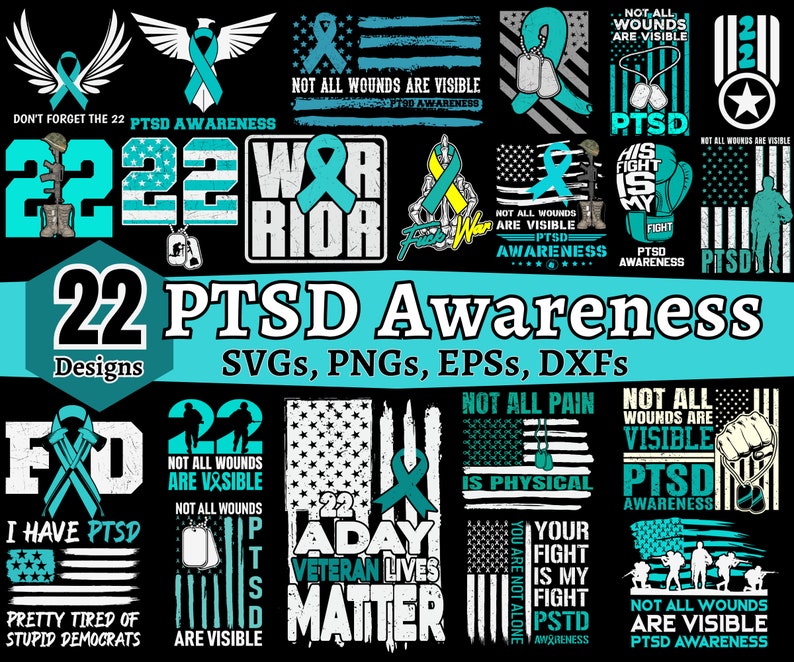 Teal PTSD Awareness SVG, Bundle of 22, Veteran Mental Health Awareness ...