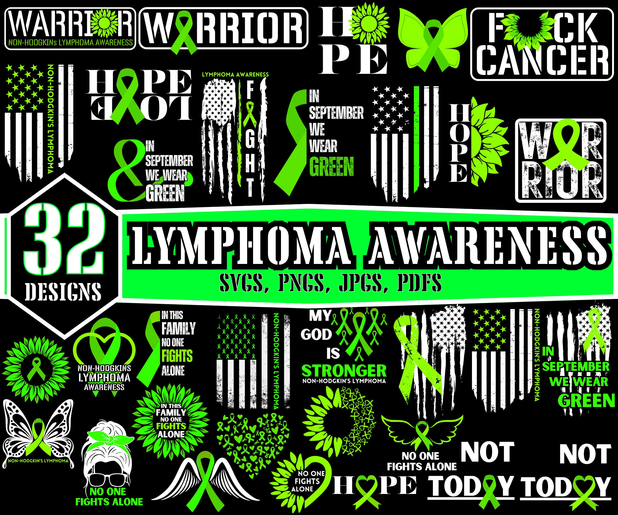 Lymphoma Awareness SVG Bundle: 32 Green Ribbon Designs (digital ...