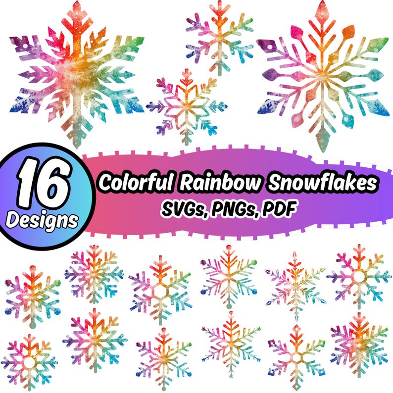 Rainbow Snowflake Bundle SVG, PNG, PDF | 16 Vibrant Snowflakes ...