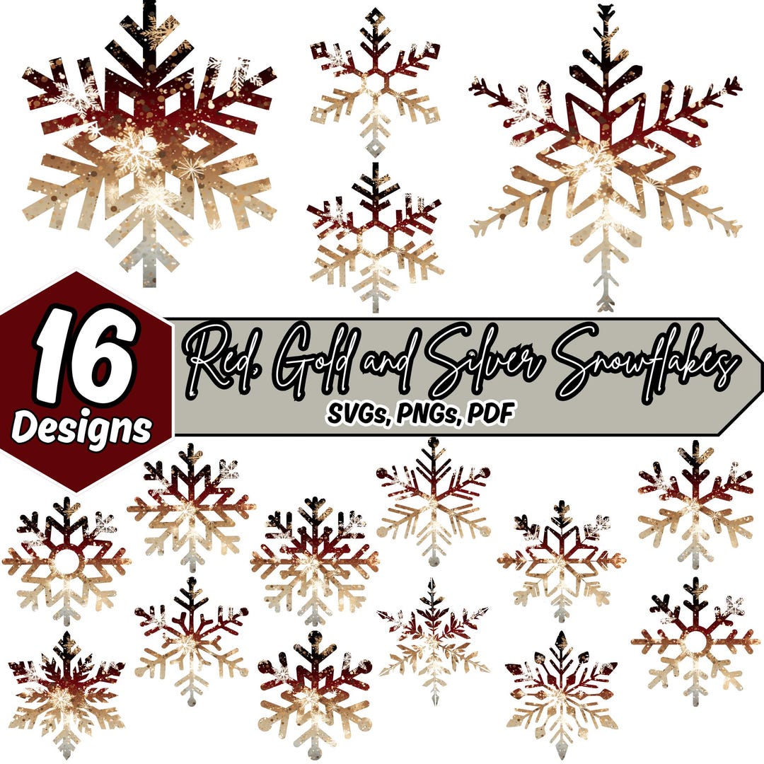 Red, Gold, and Silver Snowflake Bundle SVG, PNG, PDF | 16 Elegant ...