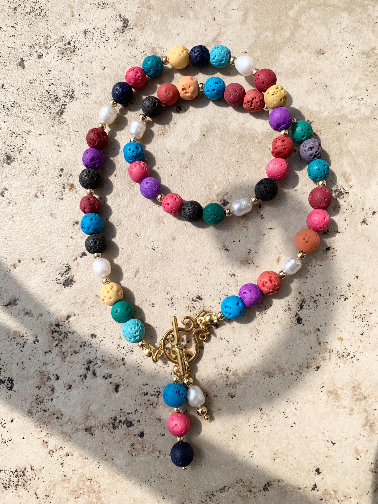 Multicolour Volcanic Lava Beads and Pearl Necklace, Beaded Necklace ...