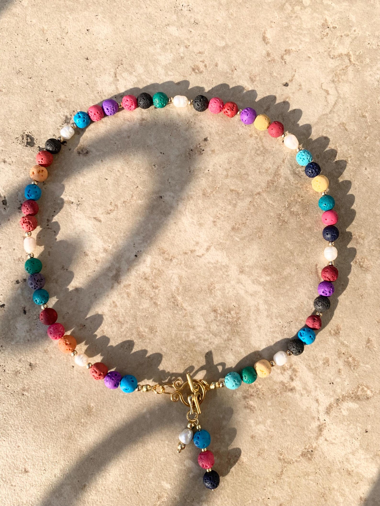 Multicolour Volcanic Lava Beads and Pearl Necklace, Beaded Necklace ...