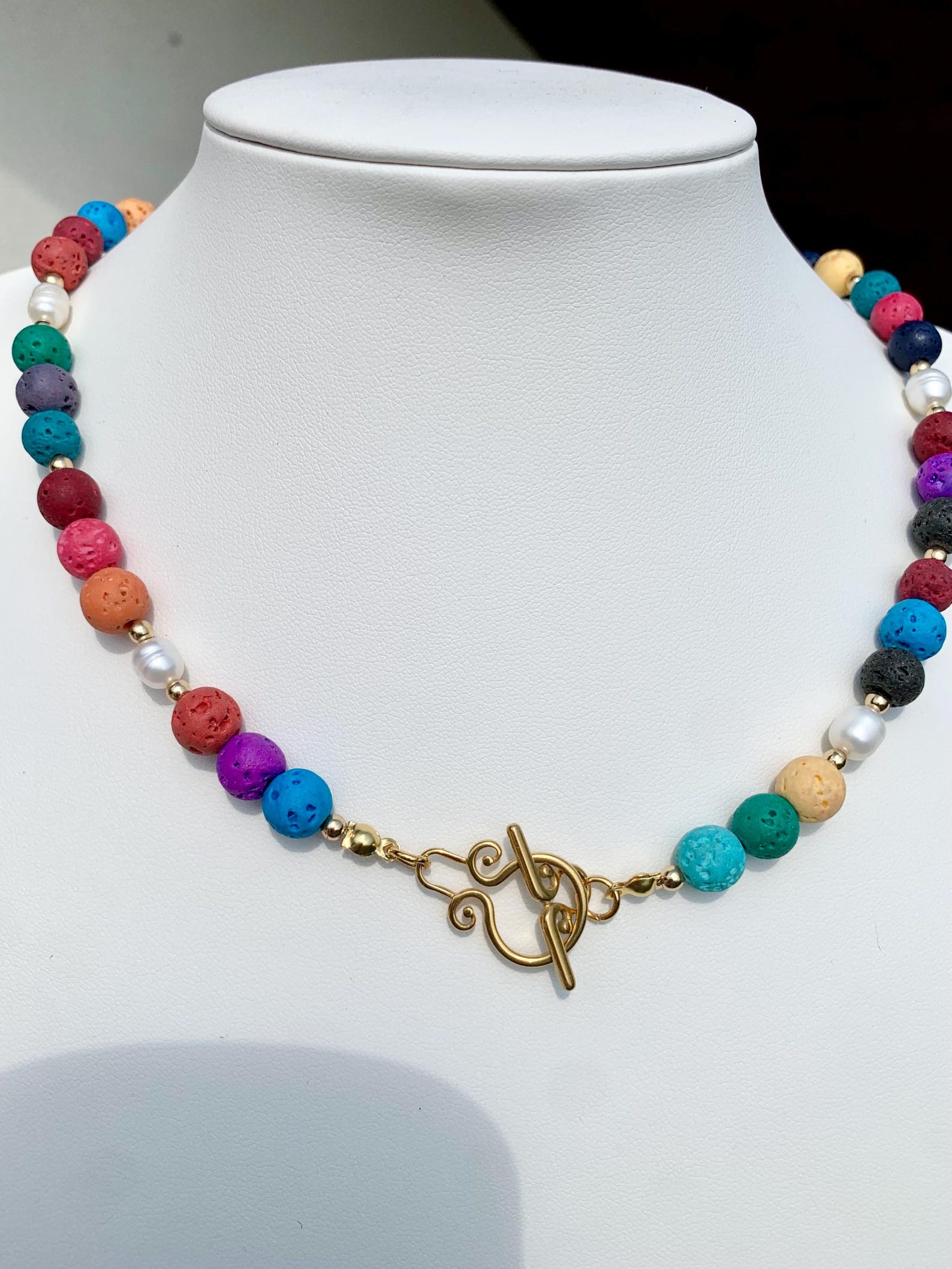 Multicolour Volcanic Lava Beads and Pearl Necklace, Beaded Necklace ...
