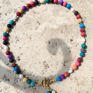 Multicolour Volcanic Lava Beads and Pearl Necklace, Beaded Necklace ...