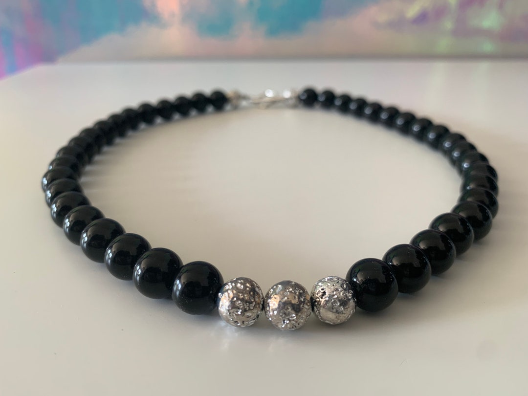 Black Agate and Silver Volcanic Lava Necklace Beaded Necklace, Gift for ...