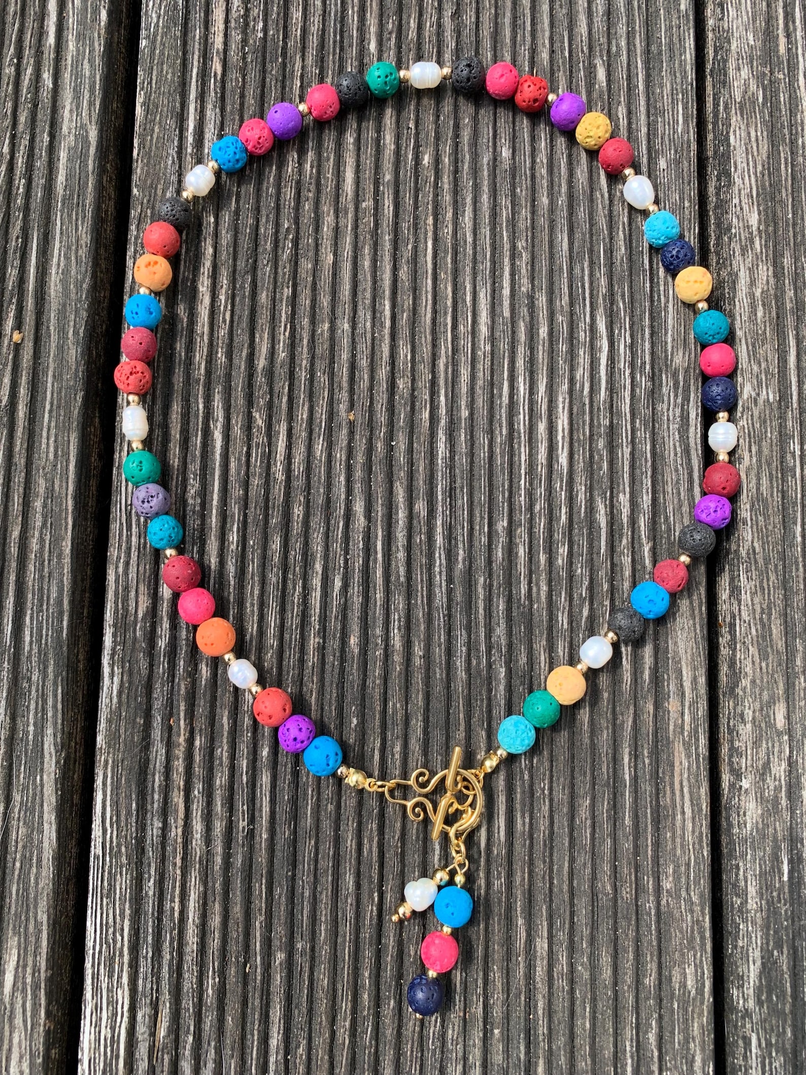 Multicolour Volcanic Lava Beads and Pearl Necklace, Beaded Necklace ...