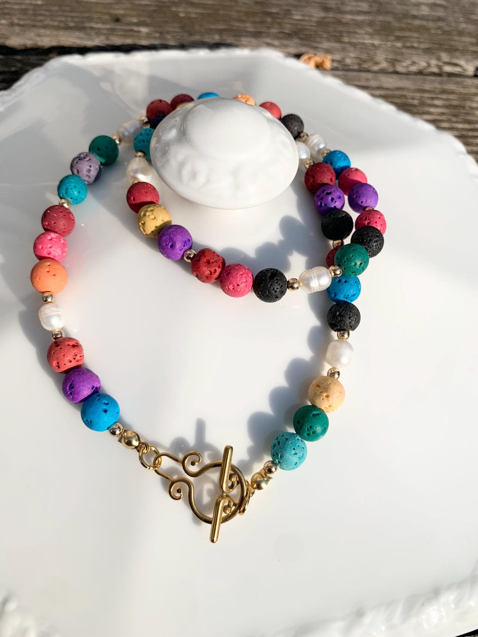 Multicolour Volcanic Lava Beads and Pearl Necklace, Beaded Necklace ...