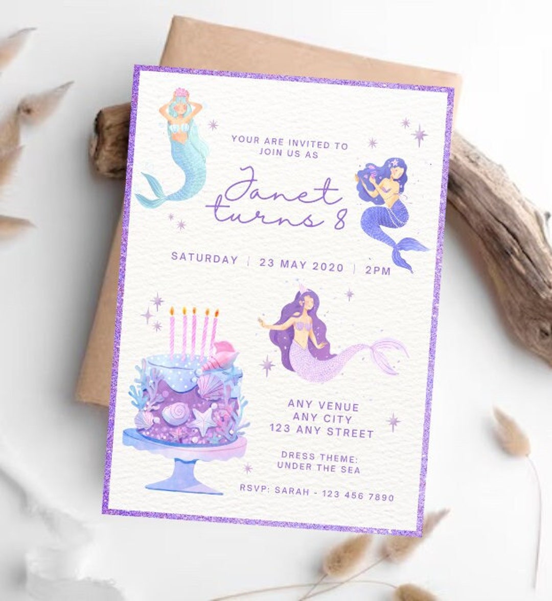 Little Mermaid Birthday Party Invitation Card Design Under Water Girls ...