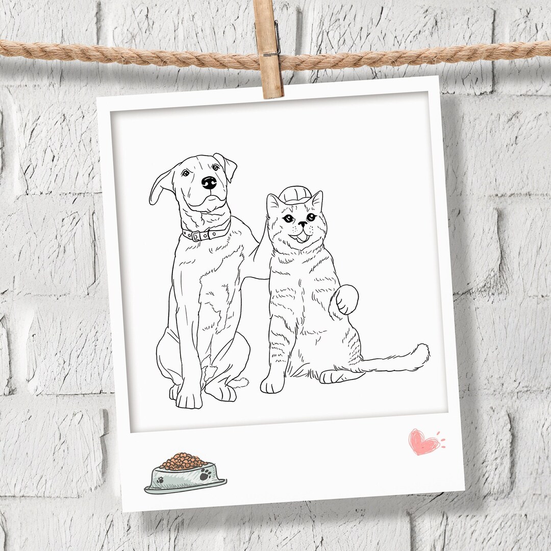 Custom 2 Pet Portrait, Dog Portrait, Cat Portrait, Custom One Line ...