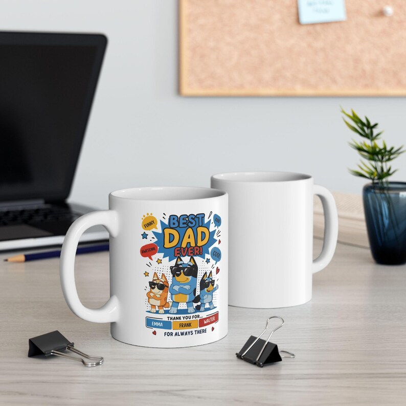 Bluey Best Dad Ever Mug, Personalized Family Gift, Custom Names Cup ...