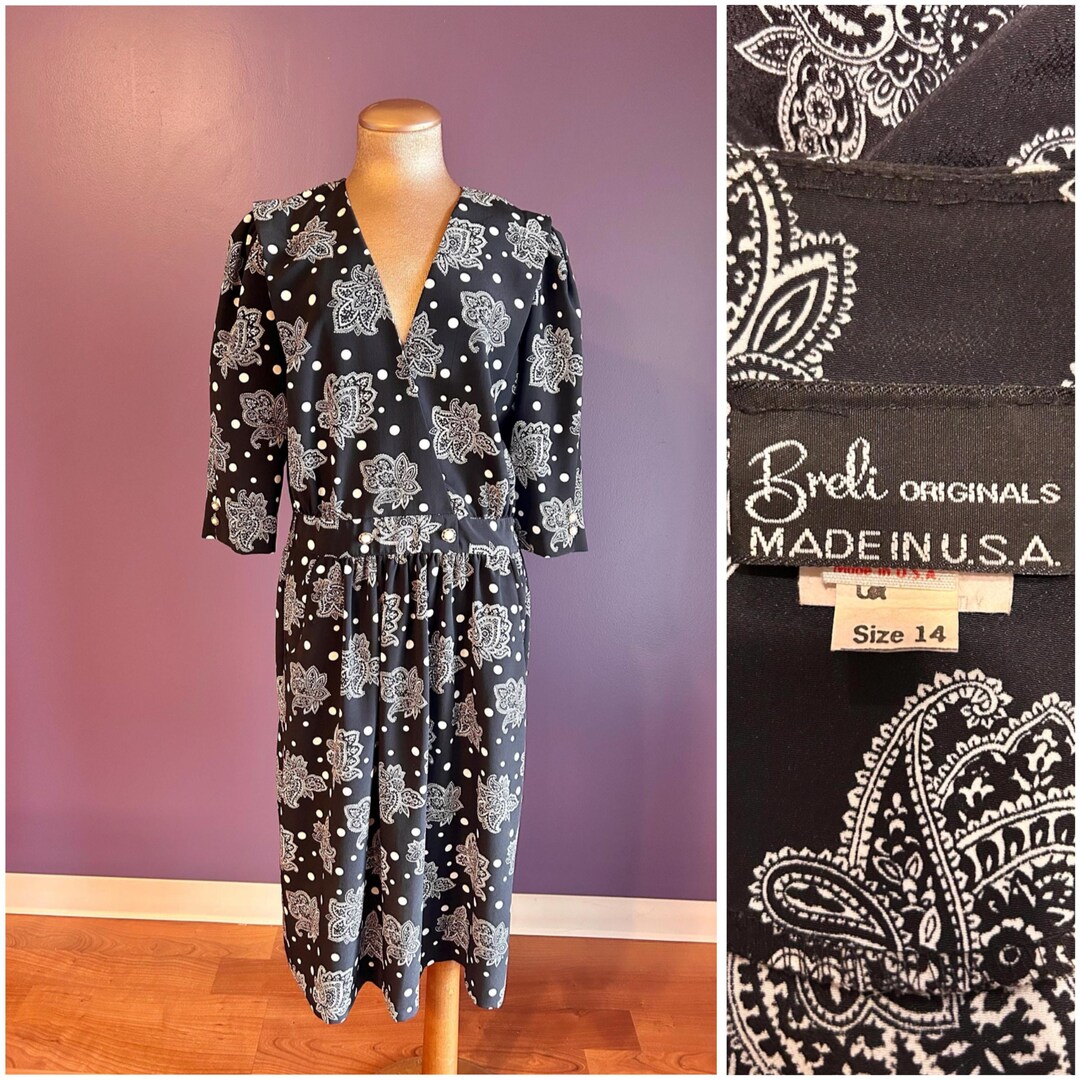 Vintage 80s Breli Originals Black and White Polka Dot Paisley Dress M L ...