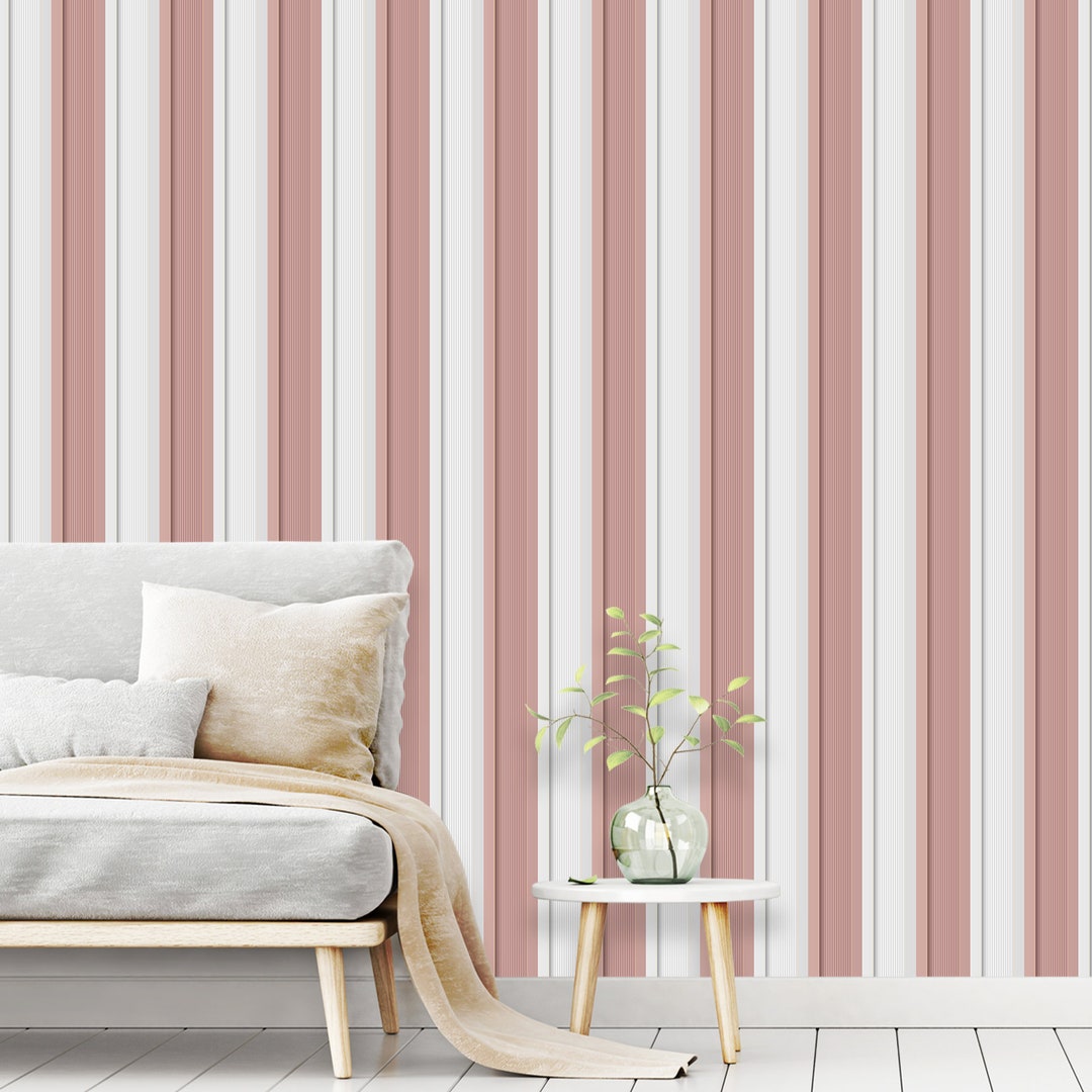 Striped Wallpaper, Powder Pink Stripes, White Pale Pink Color, Kids ...