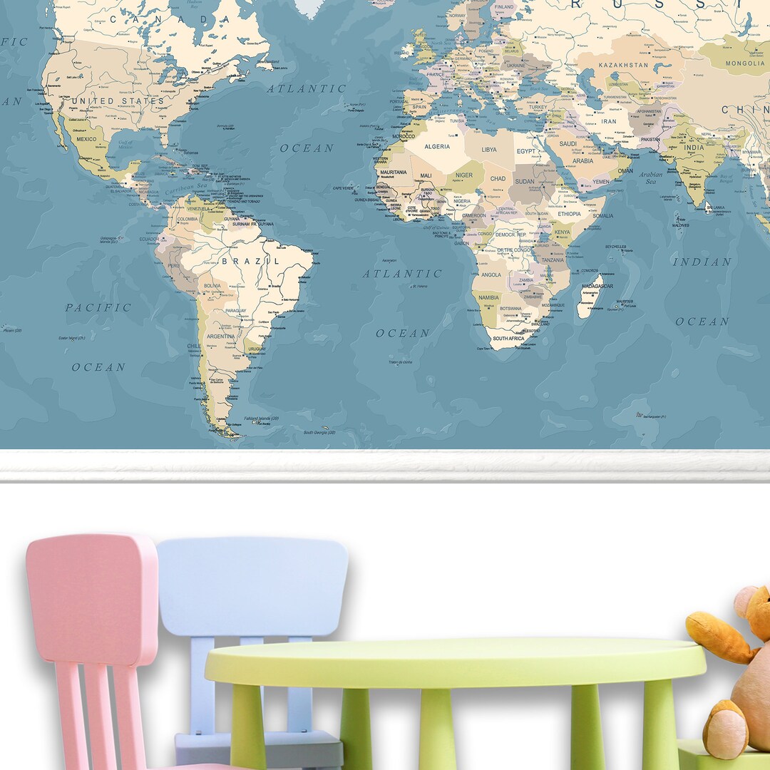 World Map Mural, Large Map Wall Decal, Removable Map Wallpaper, Blue ...