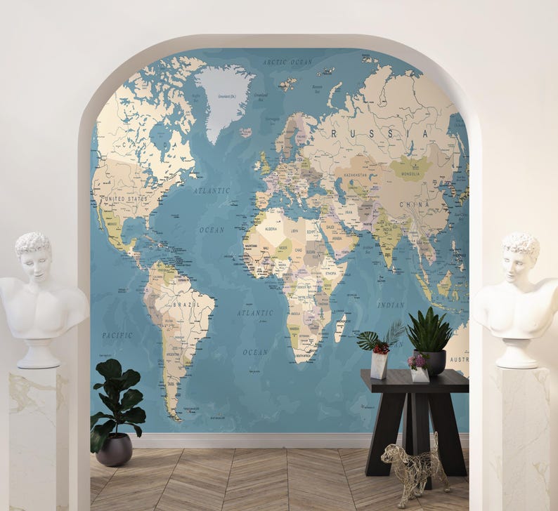 Blue World Map Mural, Large Removable Map Wallpaper, Modern Home Decor ...