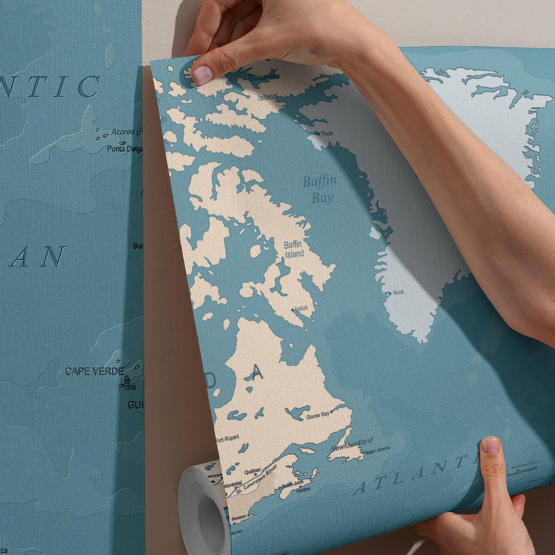 Blue World Map Mural, Large Removable Map Wallpaper, Modern Home Decor ...
