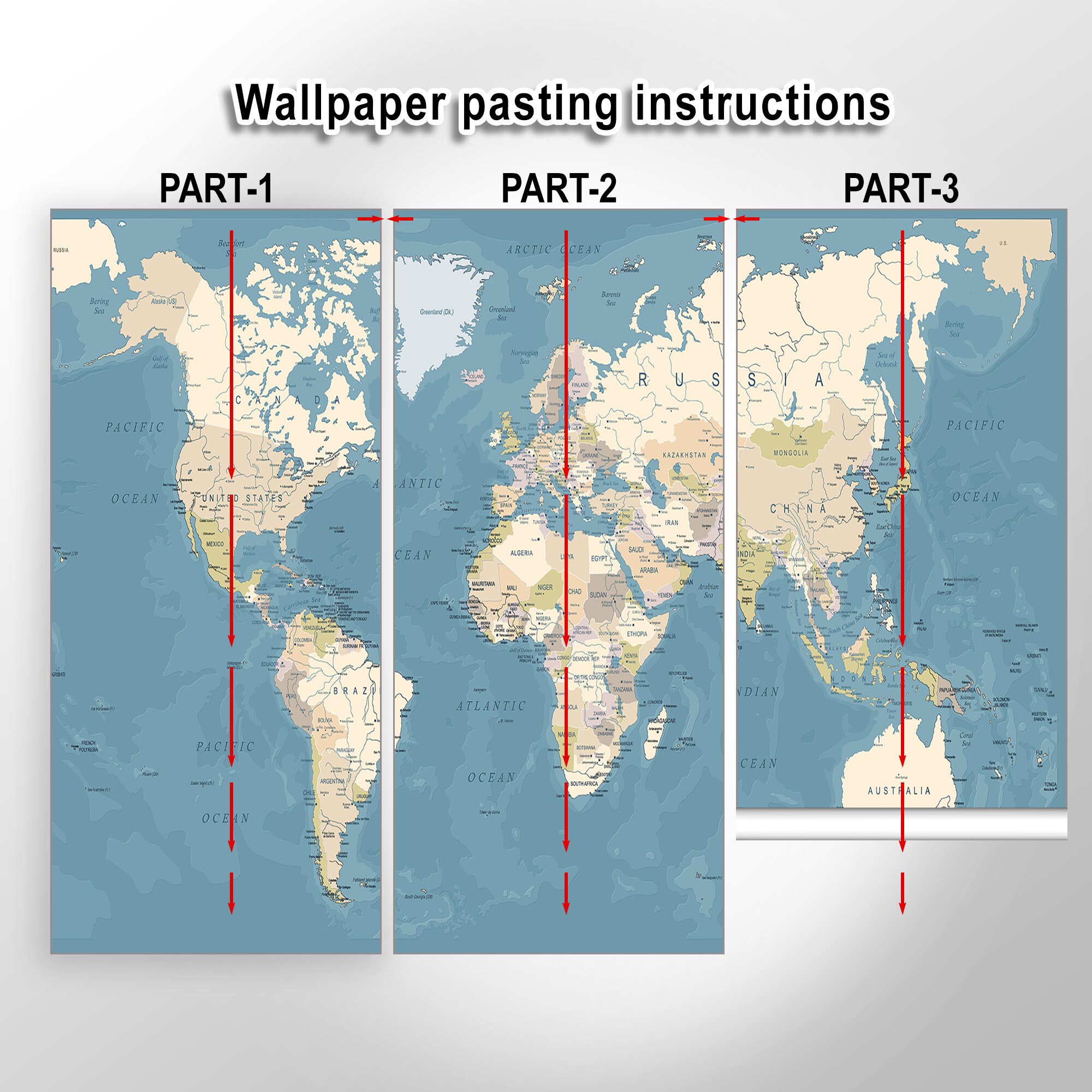 World Map Mural, Large Map Wall Decal, Removable Map Wallpaper, Blue ...