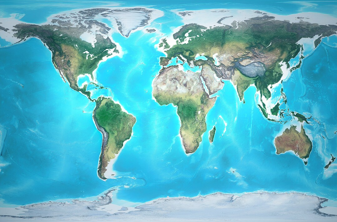 World Map Mural, Blue Color, Topographic Pattern, 3d Relief, World ...