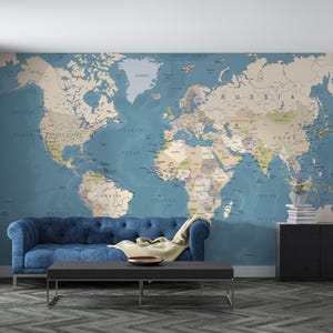 World Map Mural, Large Map Wall Decal, Removable Map Wallpaper, Blue ...