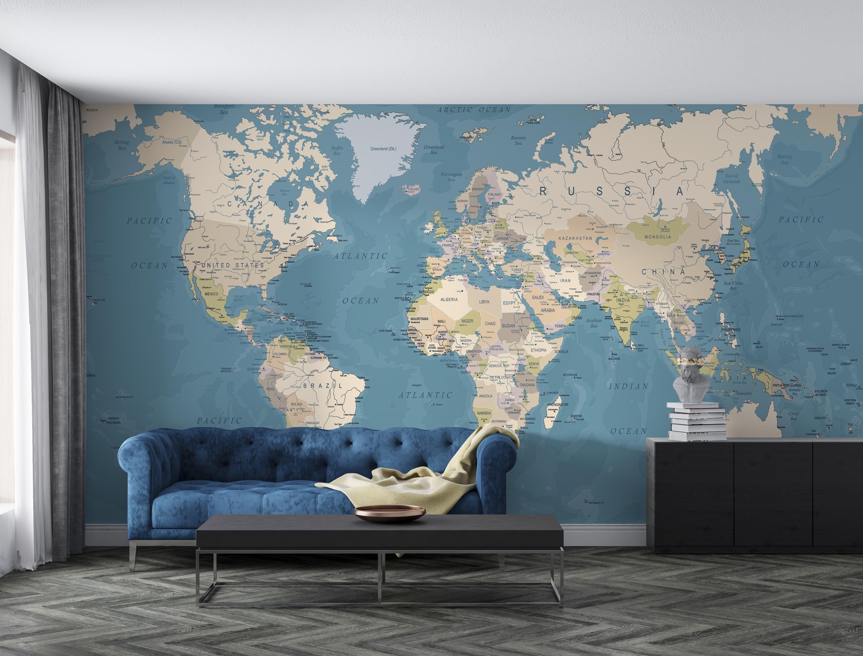 World Map Mural, Large Map Wall Decal, Removable Map Wallpaper, Blue ...