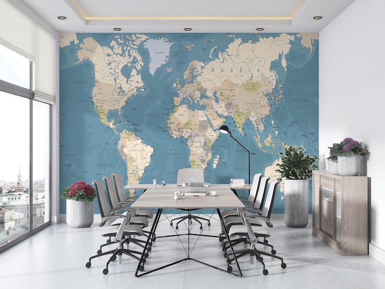 Blue World Map Mural, Large Removable Map Wallpaper, Modern Home Decor ...
