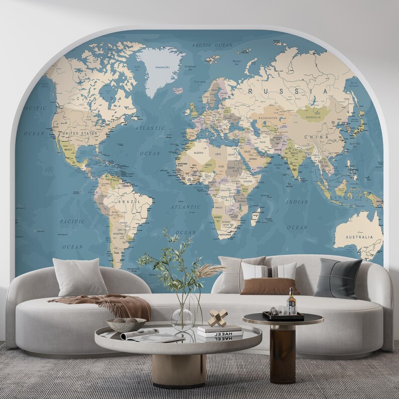 World Map Mural, Large Map Wall Decal, Removable Map Wallpaper, Blue ...