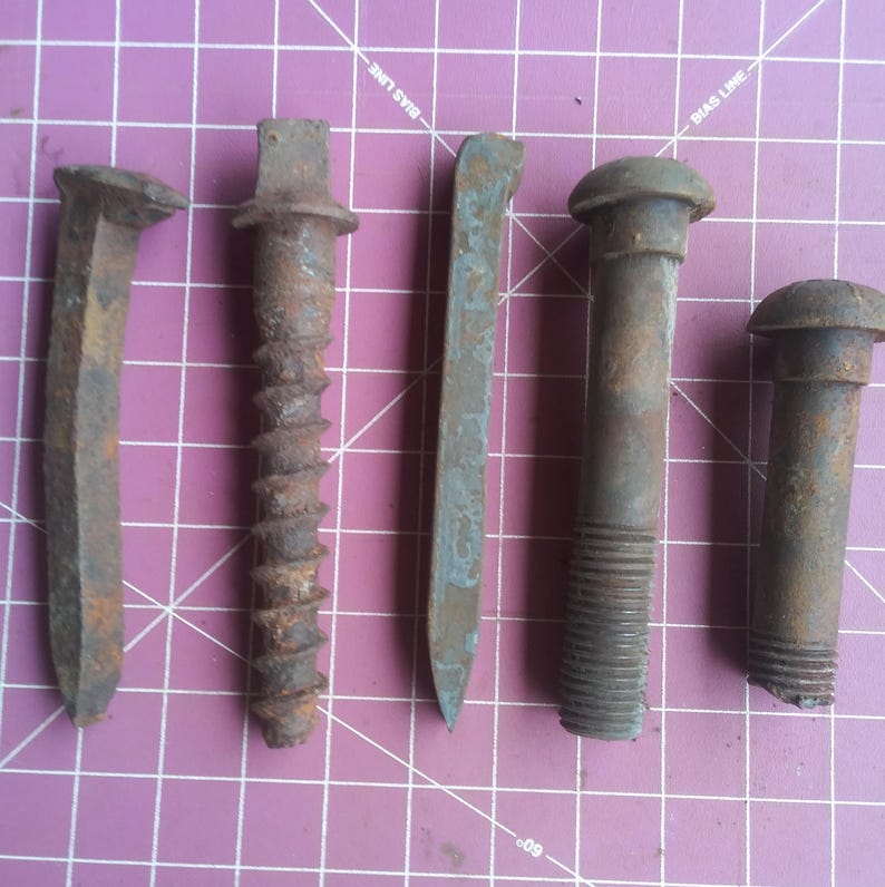 5 Rusty Metal Railroad Spikes Screws Salvage Altered Art Assemblage ...